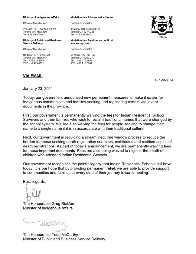 Letter from the Honourable Greg Rickford, Minister of Indigenous ...