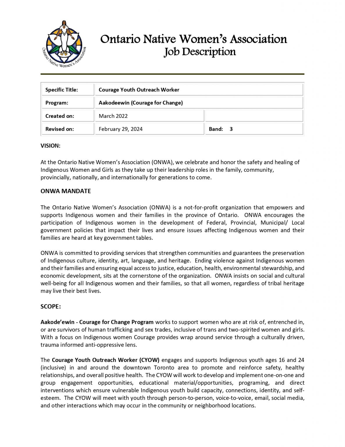 ONWA Courage Youth Outreach Worker - Toronto & York Region Métis Council